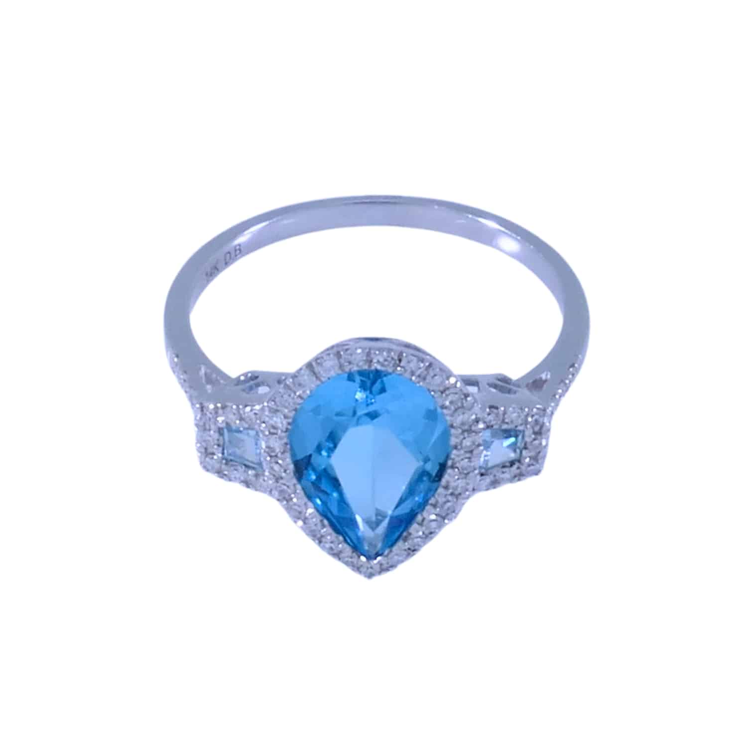 Pear Cut Blue Topaz Ring of 14K white Gold Studded with Diamonds ...